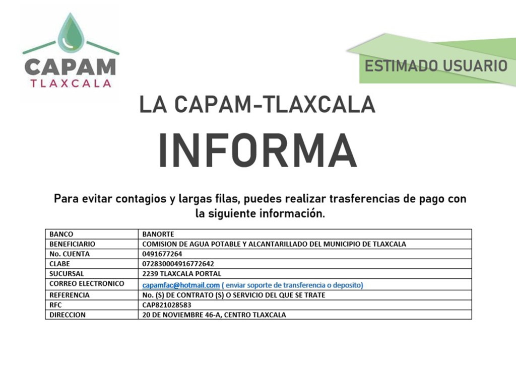 La Capam-Tlaxcala informa como realizar transferencias de pago debido a ...